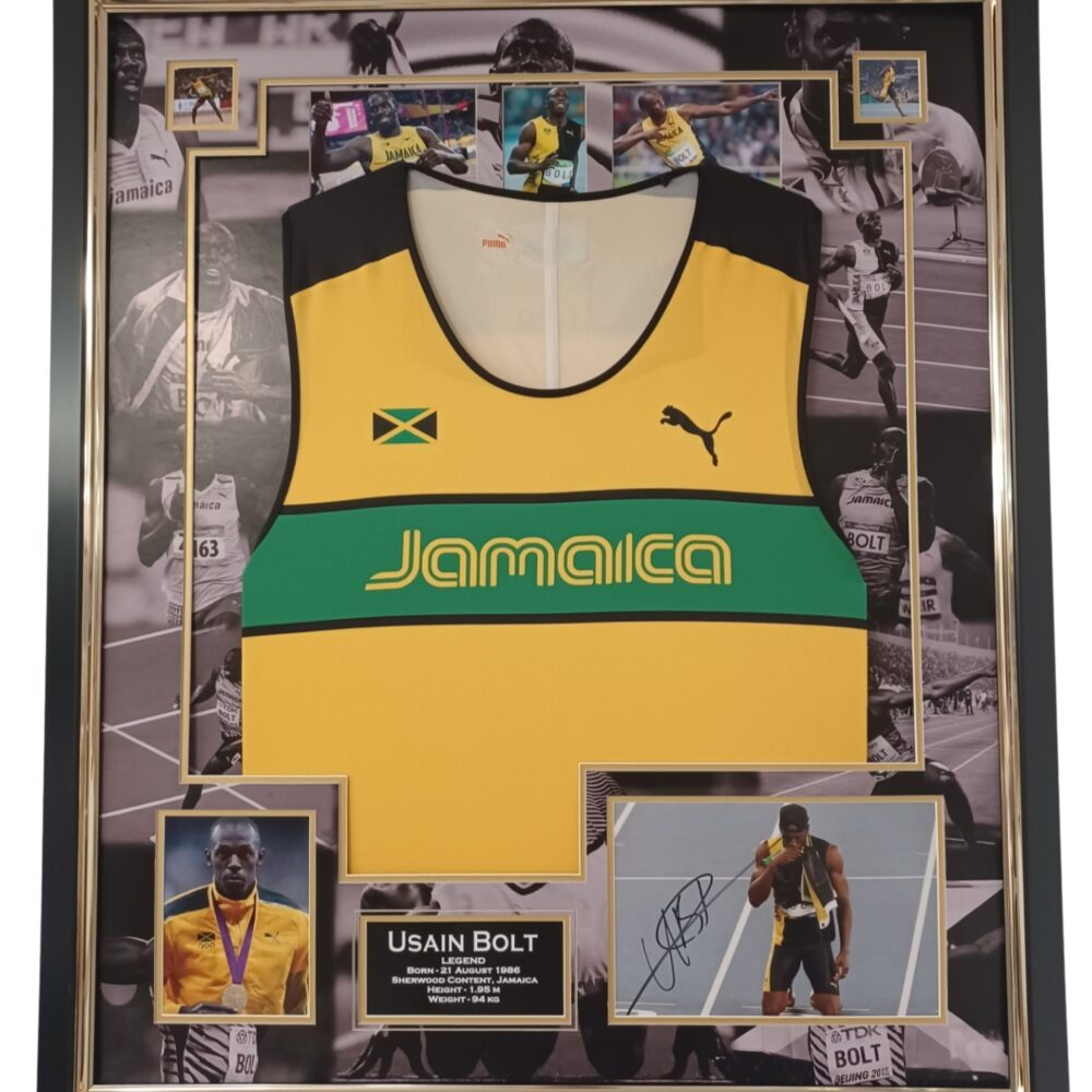 Framed Usain Bolt Signed Picture with Jamaica Vest – Signed Memorabila Shop